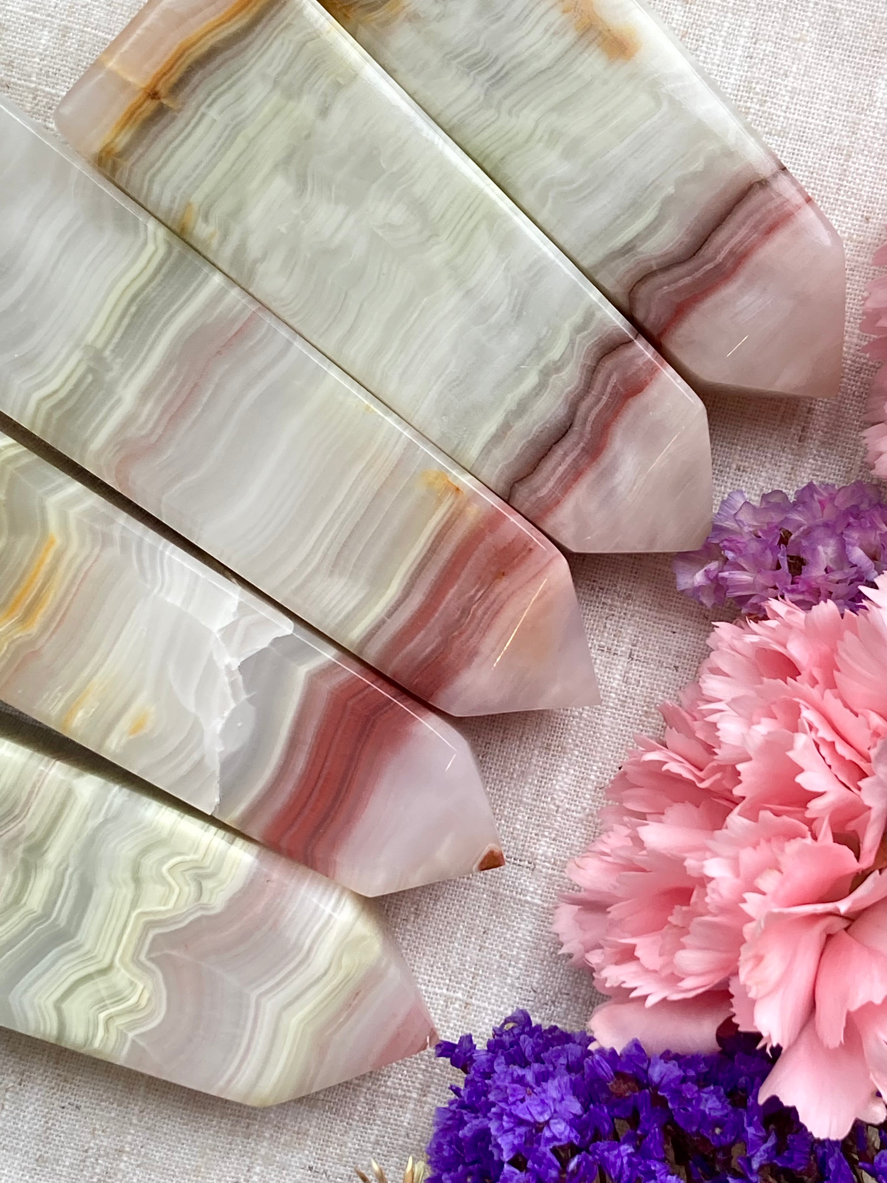 Pink & Green Banded Calcite Towers | persistence & self mastery – The ...